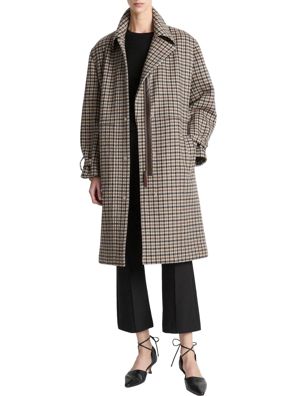 VINCE Vince Plaid Wool Blend Car Coat with Faux-Leather Trim